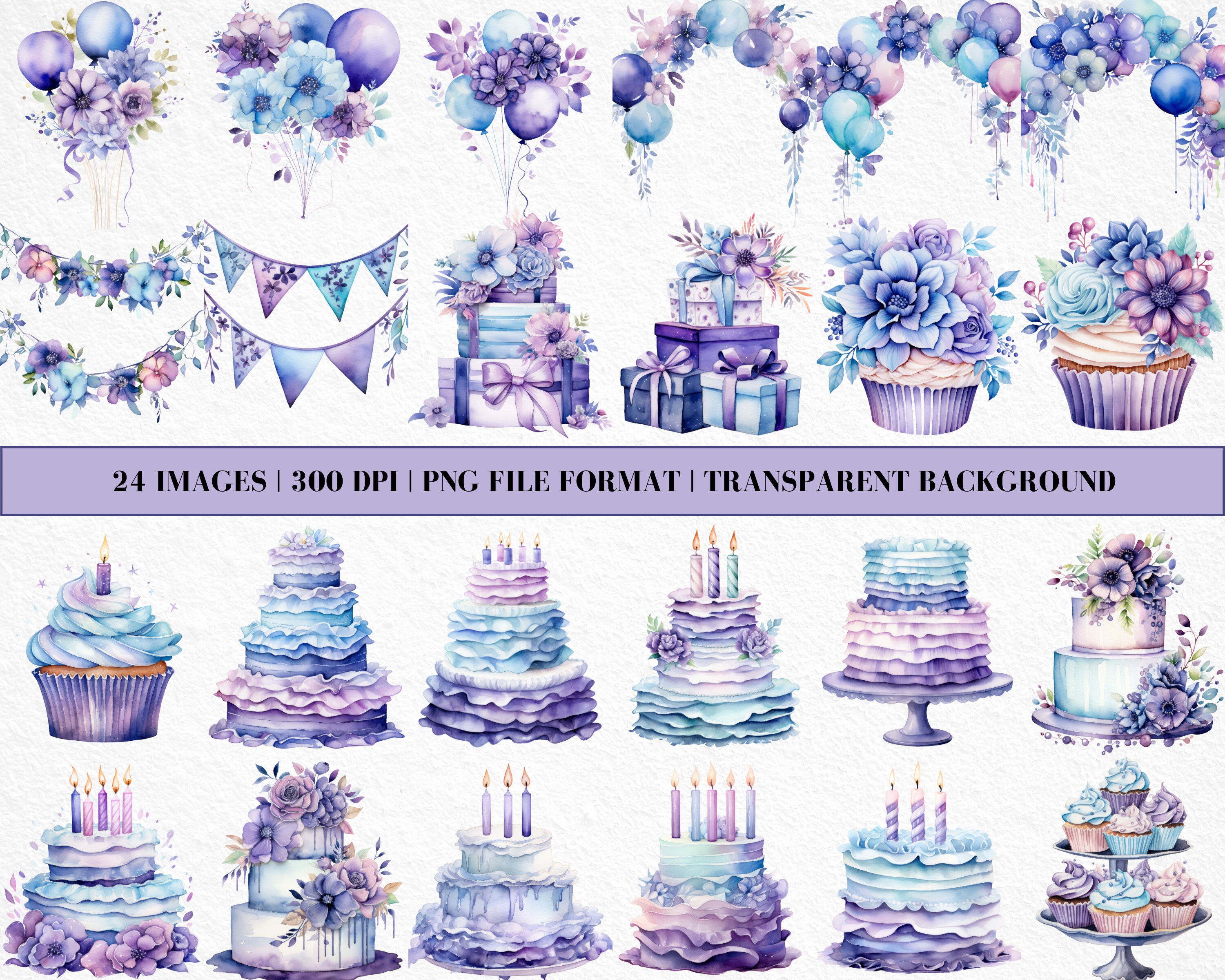 Watercolor Blue & Purple Birthday Clipart, Watercolor Birthday Clipart ...