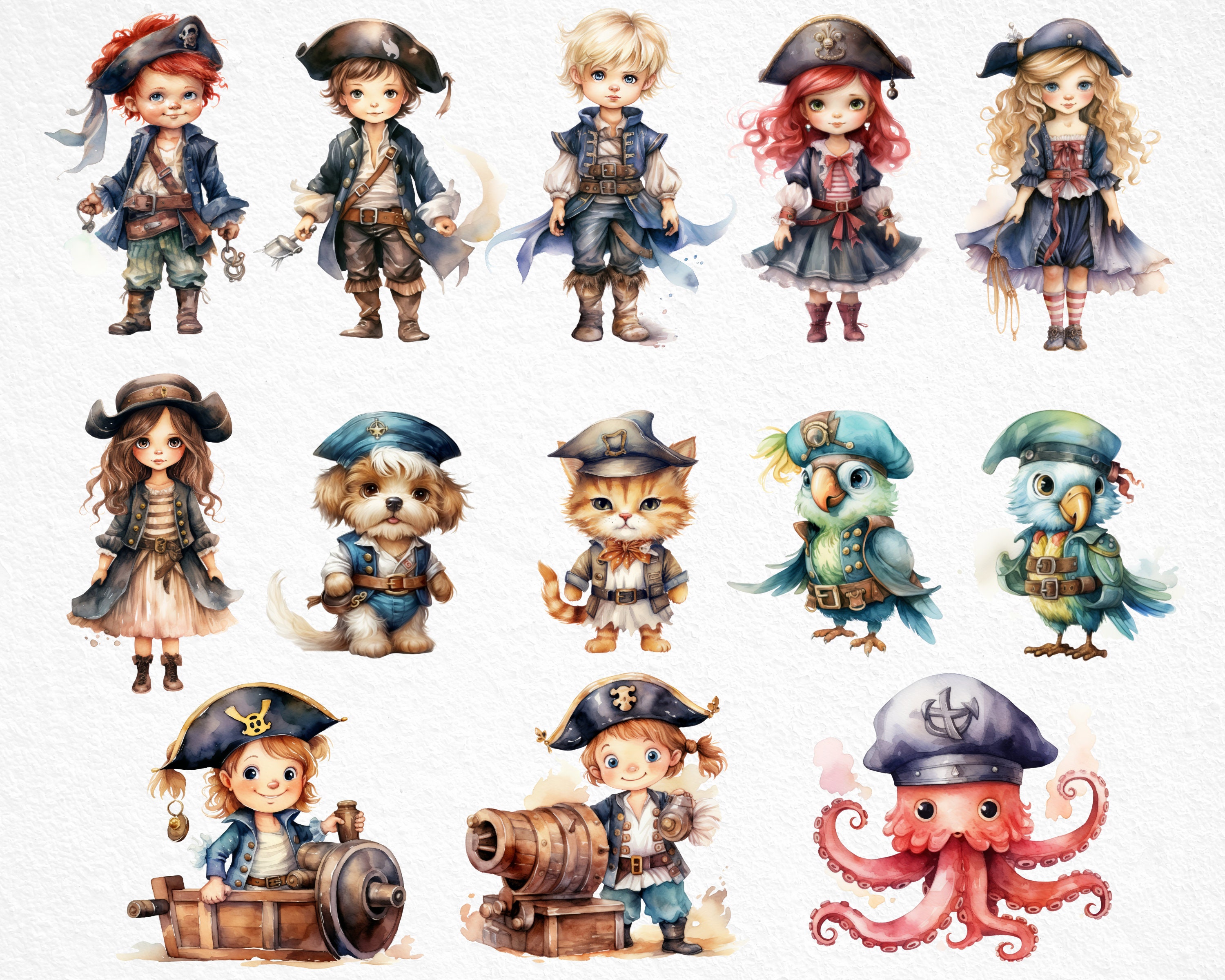 Watercolor Pirates Clipart, Watercolor Pirate Birthday Party Clipart ...