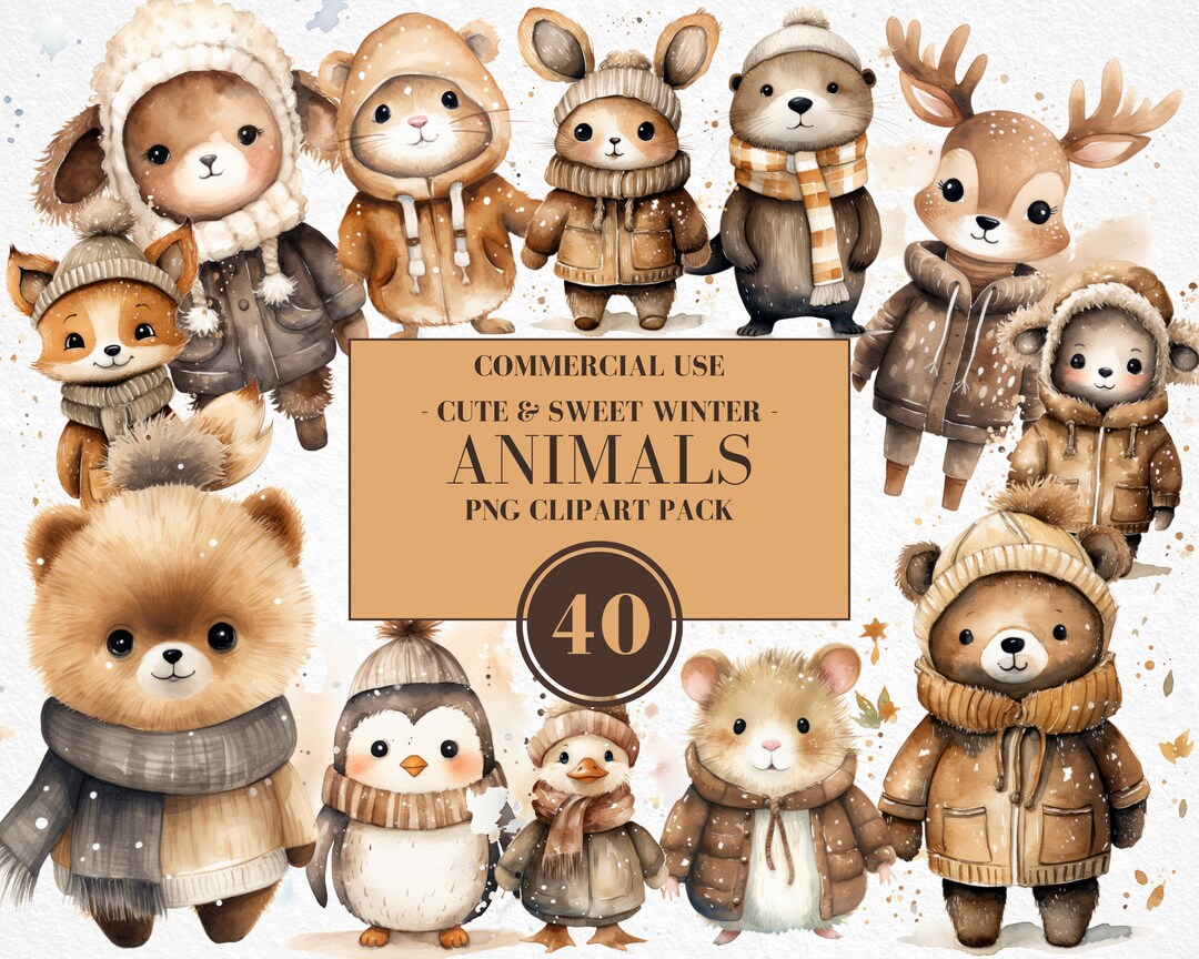 Watercolor Cute Christmas Animals Clipart, Winter Animals, Whimsical ...