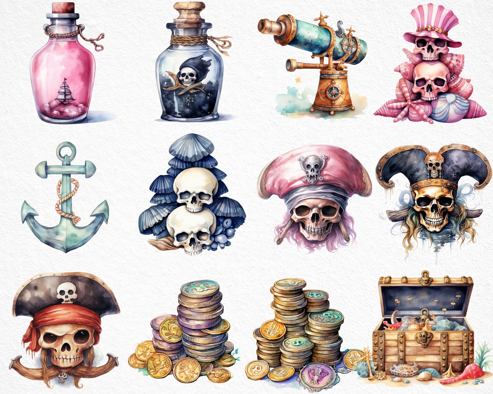 Watercolor Pirates Clipart, Watercolor Pirate Birthday Party Clipart ...