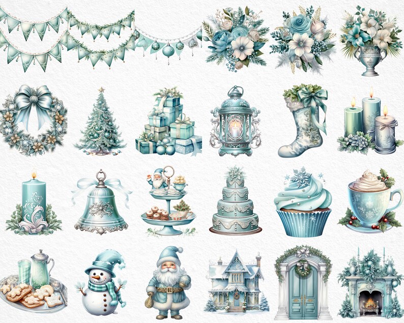 Watercolor Christmas Clipart, Blue & Silver Christmas, Vintage ...