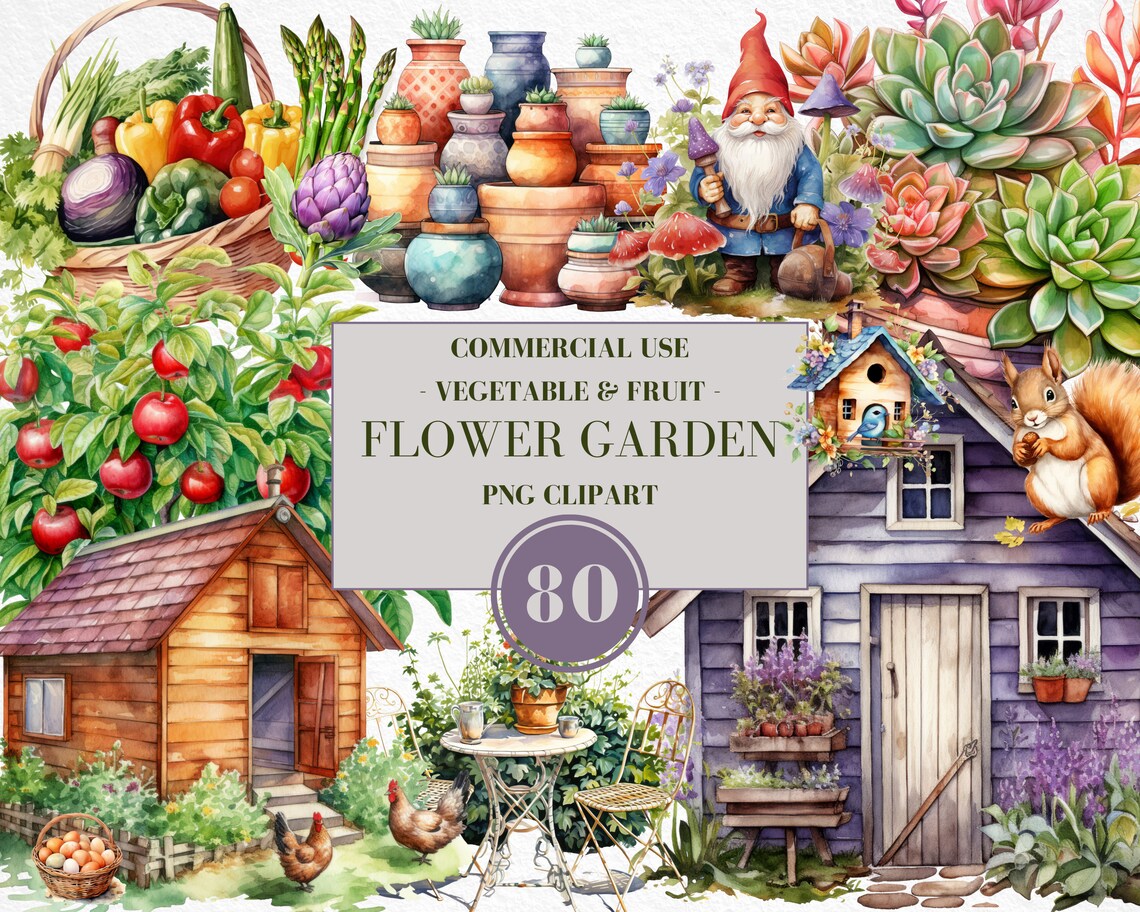 Watercolor Gardening Clipart, Vegetables Clipart, Fruit Clipart, Potted ...