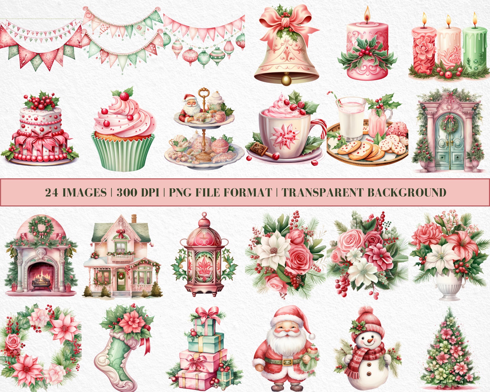 Watercolor Christmas Clipart, Pink & Green Christmas, Vintage Christmas ...