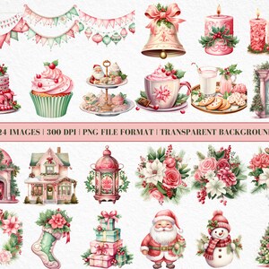 Watercolor Christmas Clipart, Pink & Green Christmas, Vintage Christmas ...