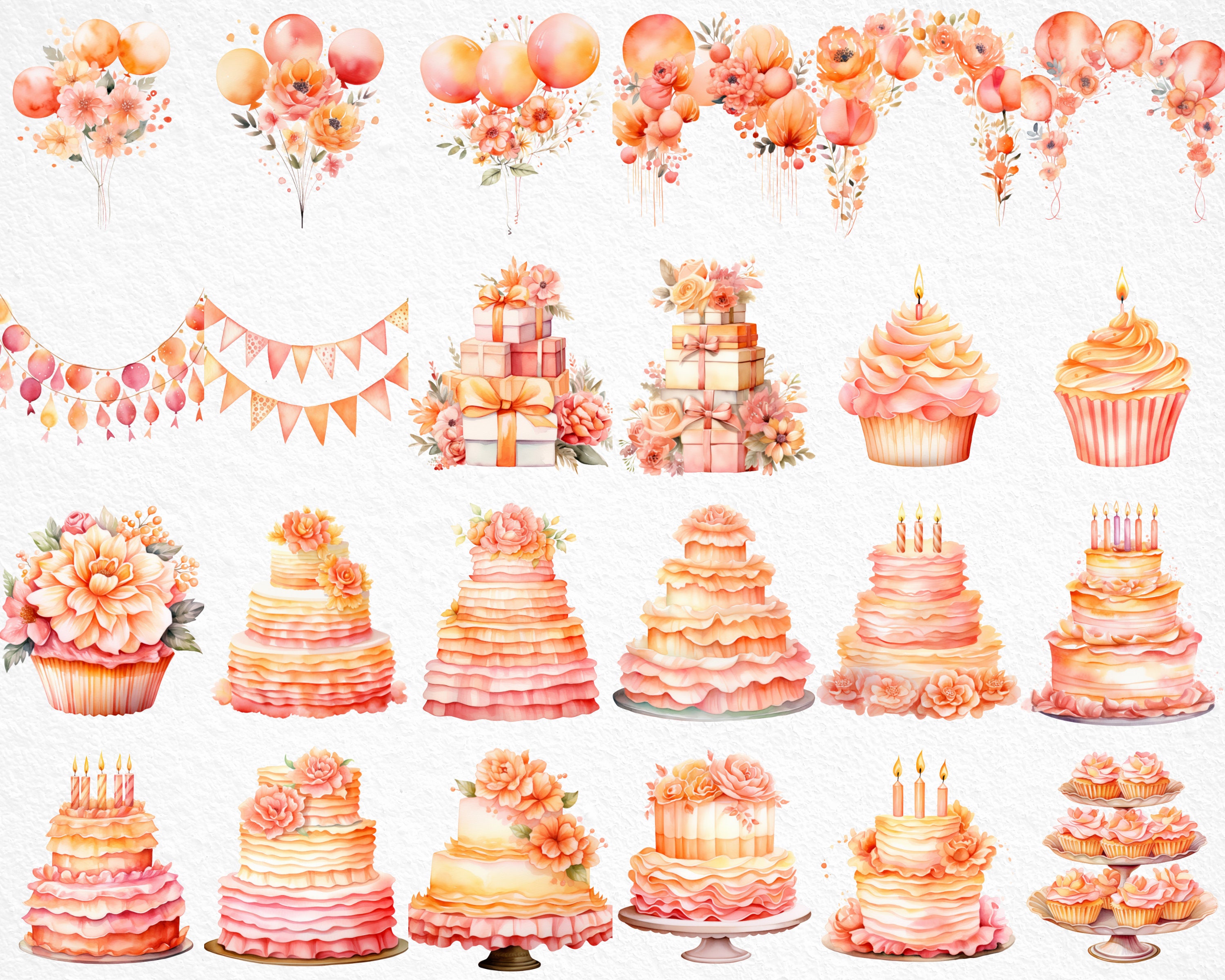 Watercolor Pink & Orange Birthday Clipart, Watercolor Birthday Clipart ...