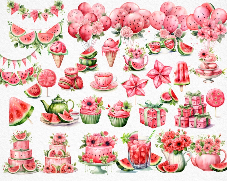 Watercolor Pink Watermelon Clipart, Pink Watermelon Birthday, Pink ...