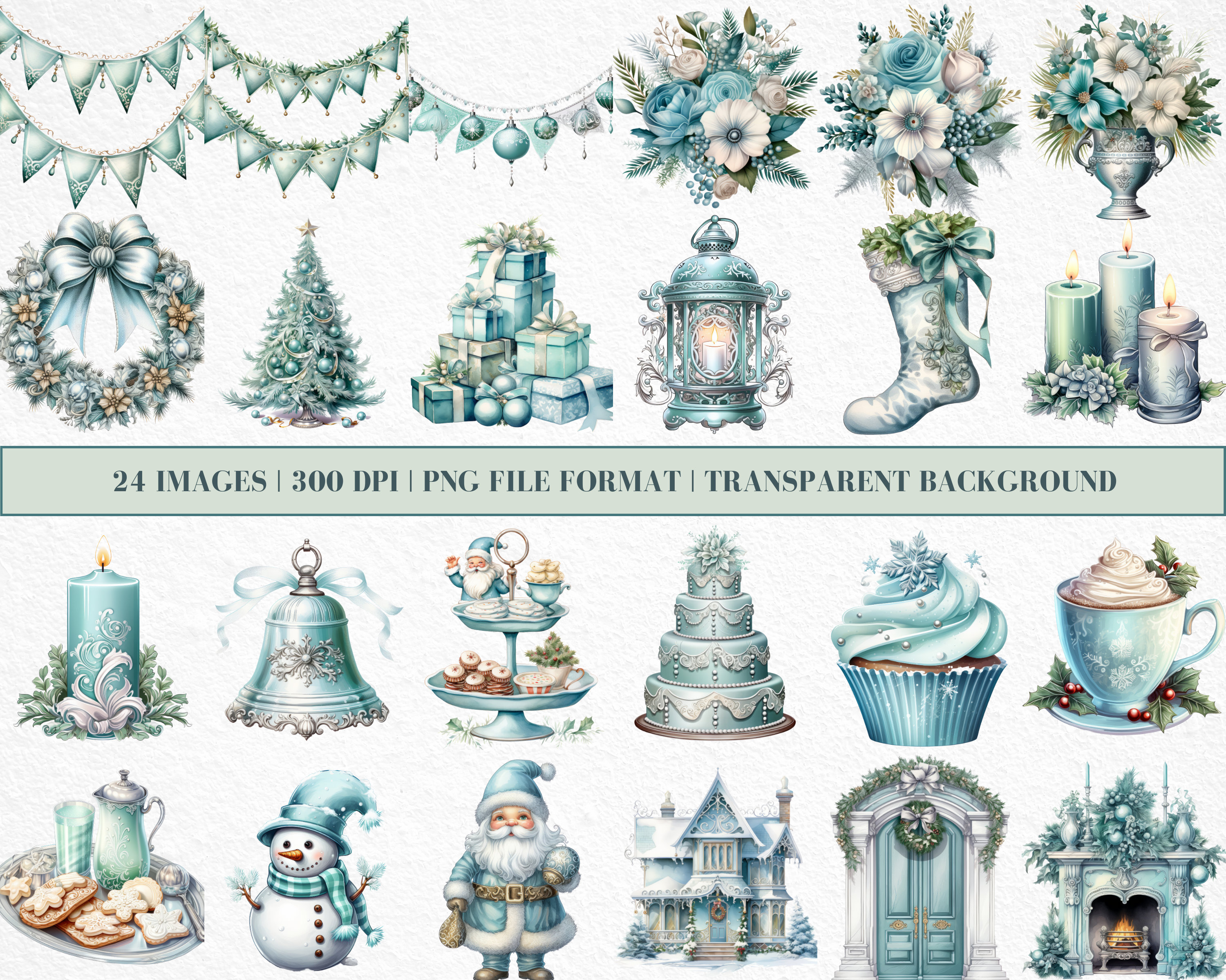 Watercolor Christmas Clipart, Blue & Silver Christmas, Vintage ...