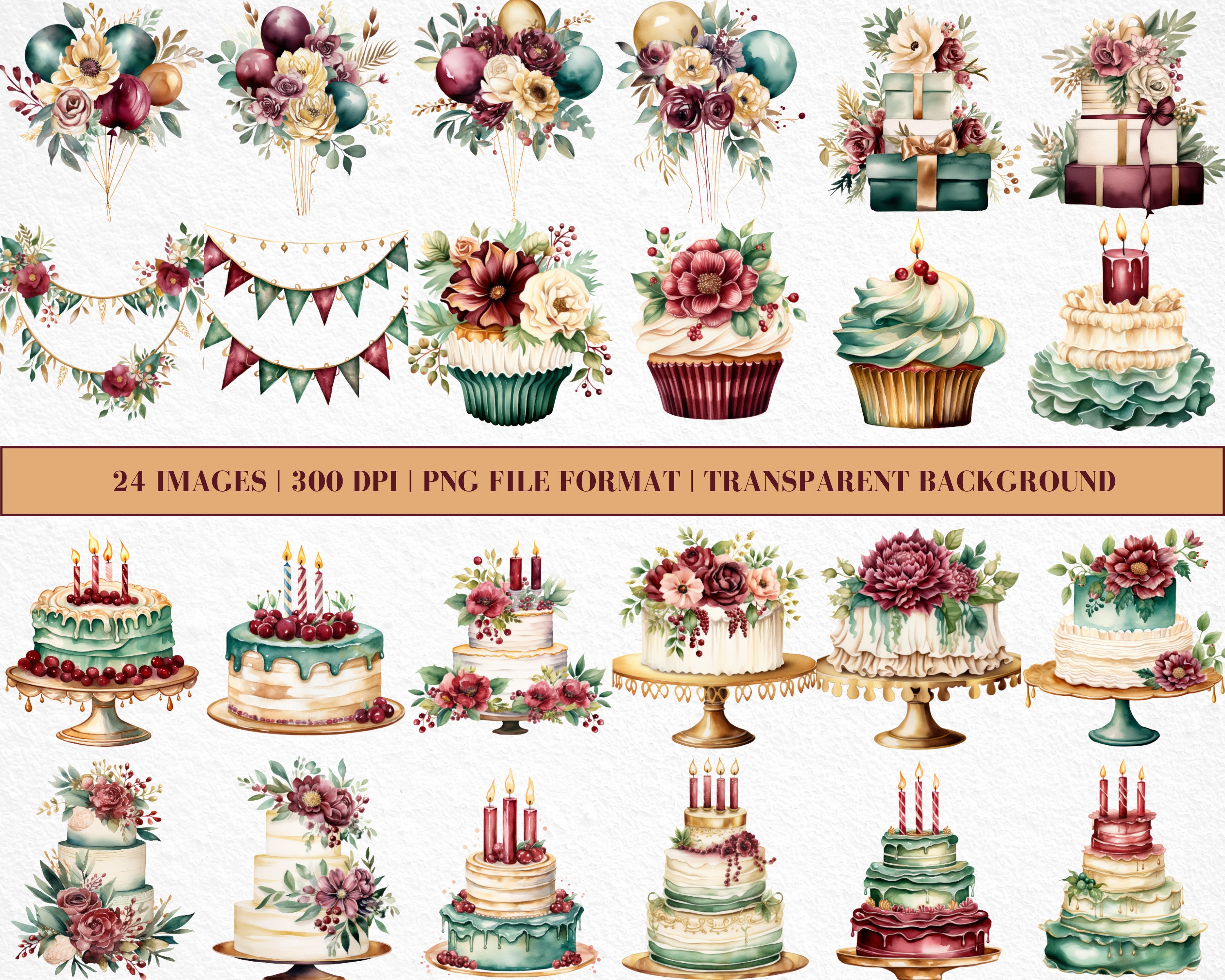 Watercolor Emerald & Maroon Birthday Clipart, Watercolor Birthday ...