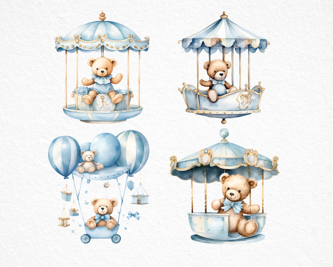 Watercolor Teddy Bear Clipart for Boy, Watercolor Baby Shower Clipart, Baby Blue Teddy Bear ...