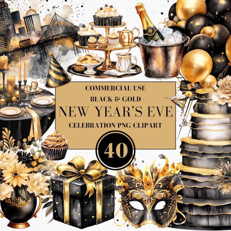 New Year Clipart Black Gold - Etsy