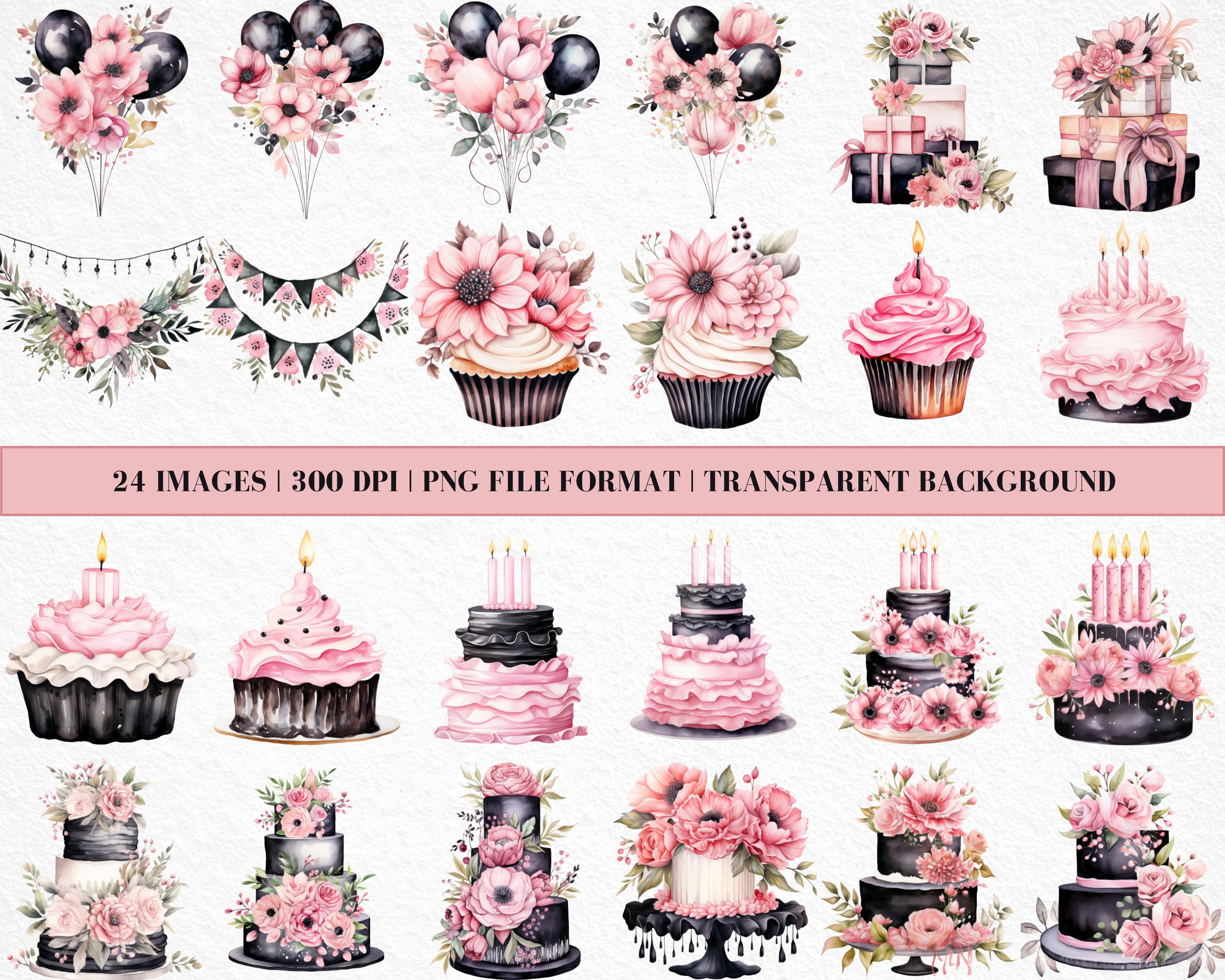 Watercolor Black & Pink Birthday Clipart, Watercolor Birthday Clipart ...
