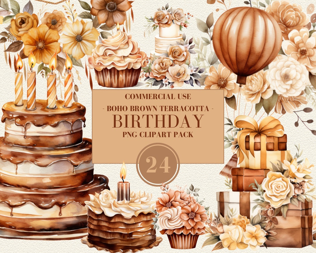 Watercolor Boho Terracotta Birthday Clipart, Watercolor Birthday ...