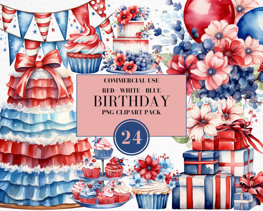 Watercolor Red White & Blue Birthday Clipart, Watercolor Birthday ...