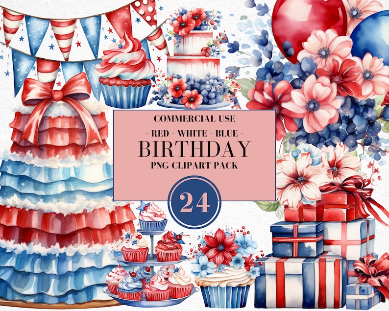 Watercolor Red White & Blue Birthday Clipart, Watercolor Birthday ...
