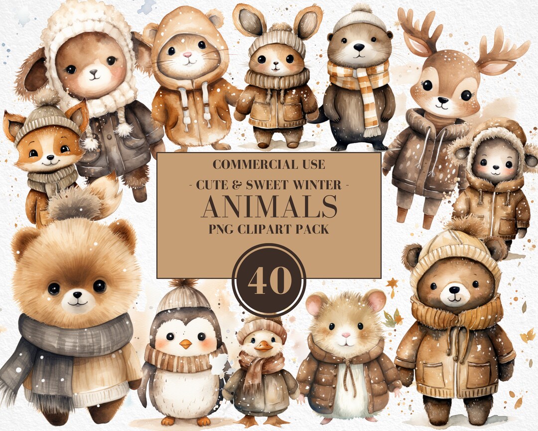 Watercolor Cute Christmas Animals Clipart Winter Animals - Etsy