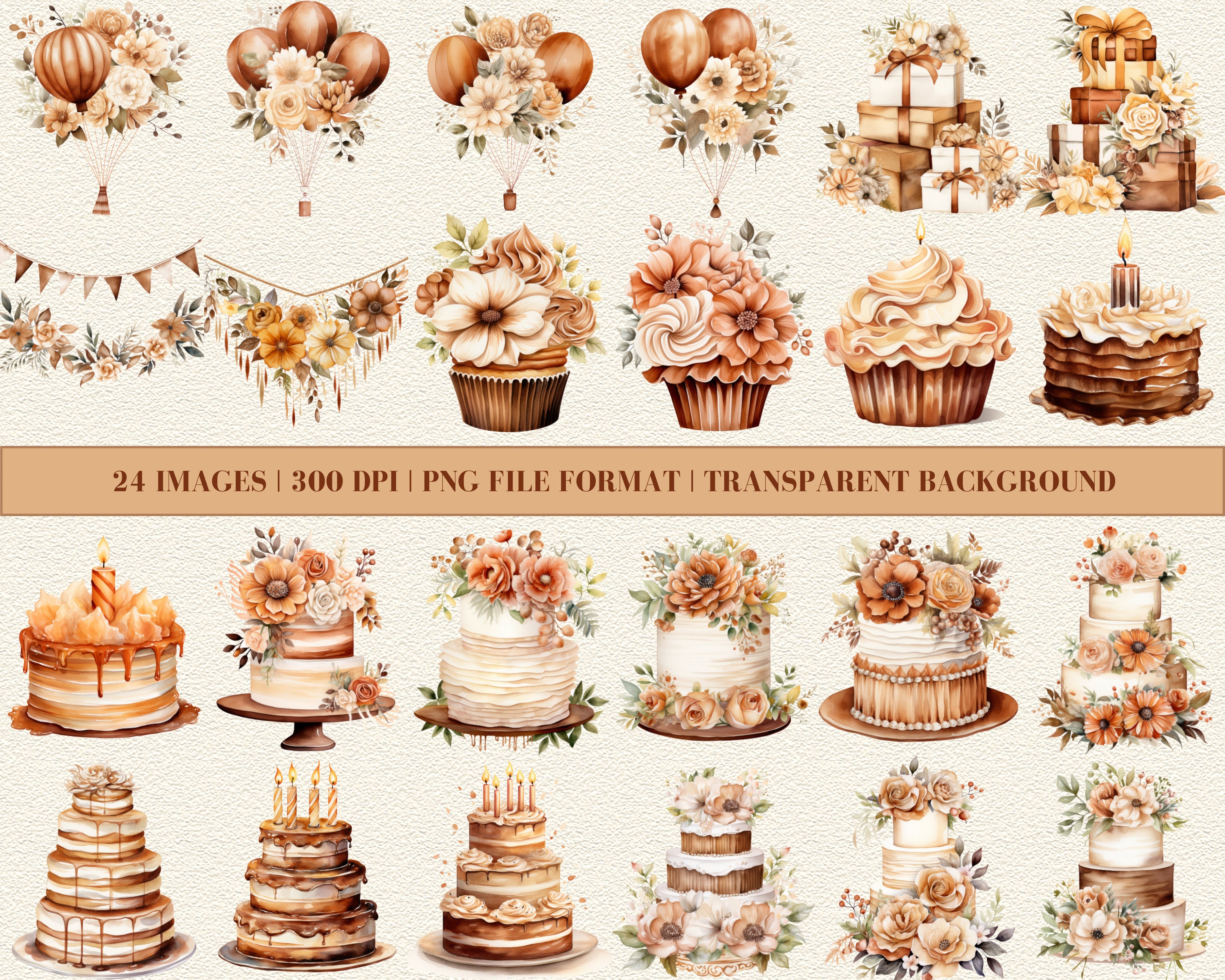 Watercolor Boho Terracotta Birthday Clipart, Watercolor Birthday ...