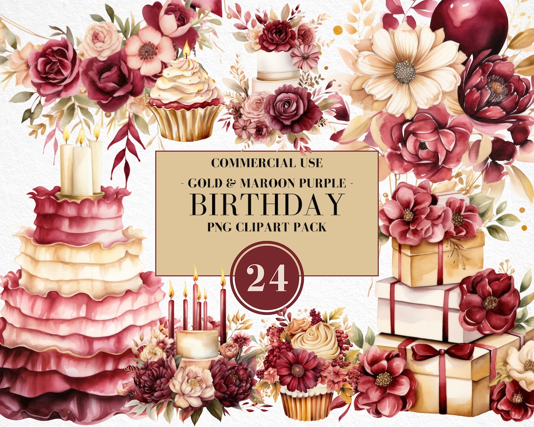 Watercolor Maroon & Gold Birthday Clipart, Watercolor Birthday Clipart ...