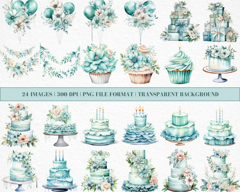 Watercolor Boho Aqua Birthday Clipart, Watercolor Birthday Clipart ...