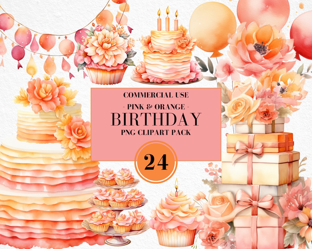 Watercolor Pink & Orange Birthday Clipart, Watercolor Birthday Clipart ...
