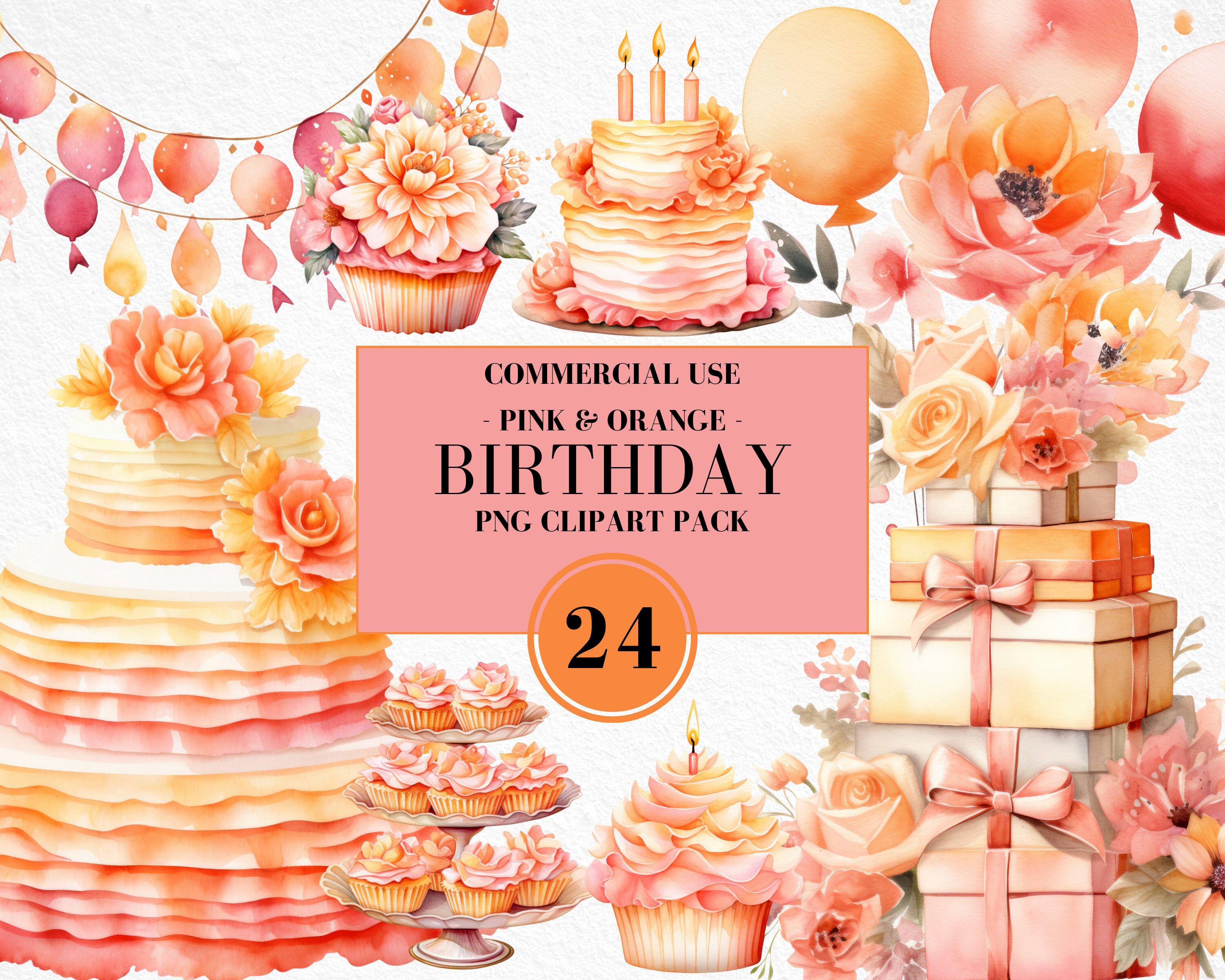 Watercolor Pink & Orange Birthday Clipart, Watercolor Birthday Clipart ...