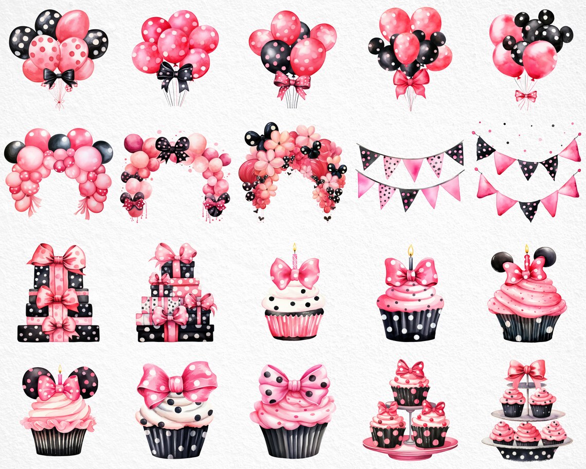 Watercolor Pink & Black Polka Dot Birthday Clipart, Watercolor Birthday ...