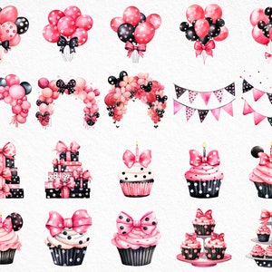 Watercolor Pink & Black Polka Dot Birthday Clipart, Watercolor Birthday ...