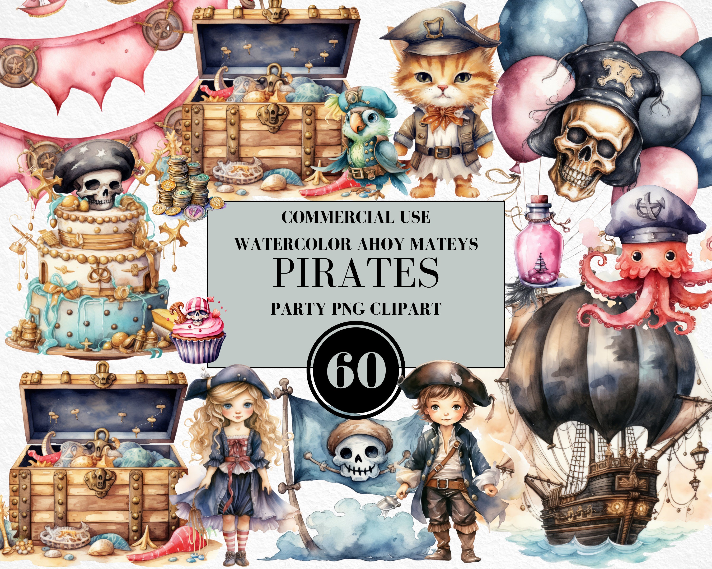 Watercolor Pirates Clipart, Watercolor Pirate Birthday Party Clipart ...
