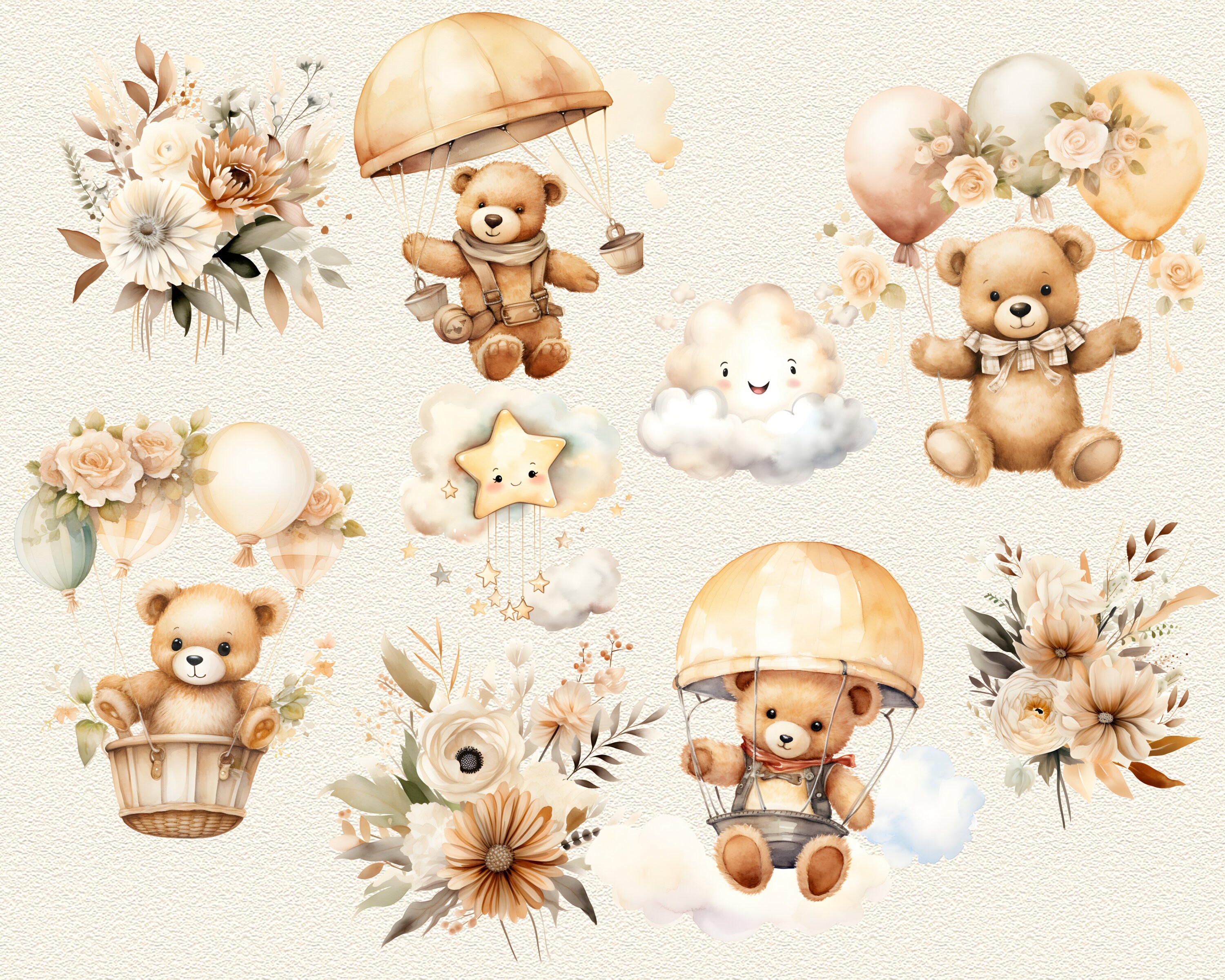 Watercolor Teddy Bear Clipart, Boho Neutral, Watercolor Baby Shower ...