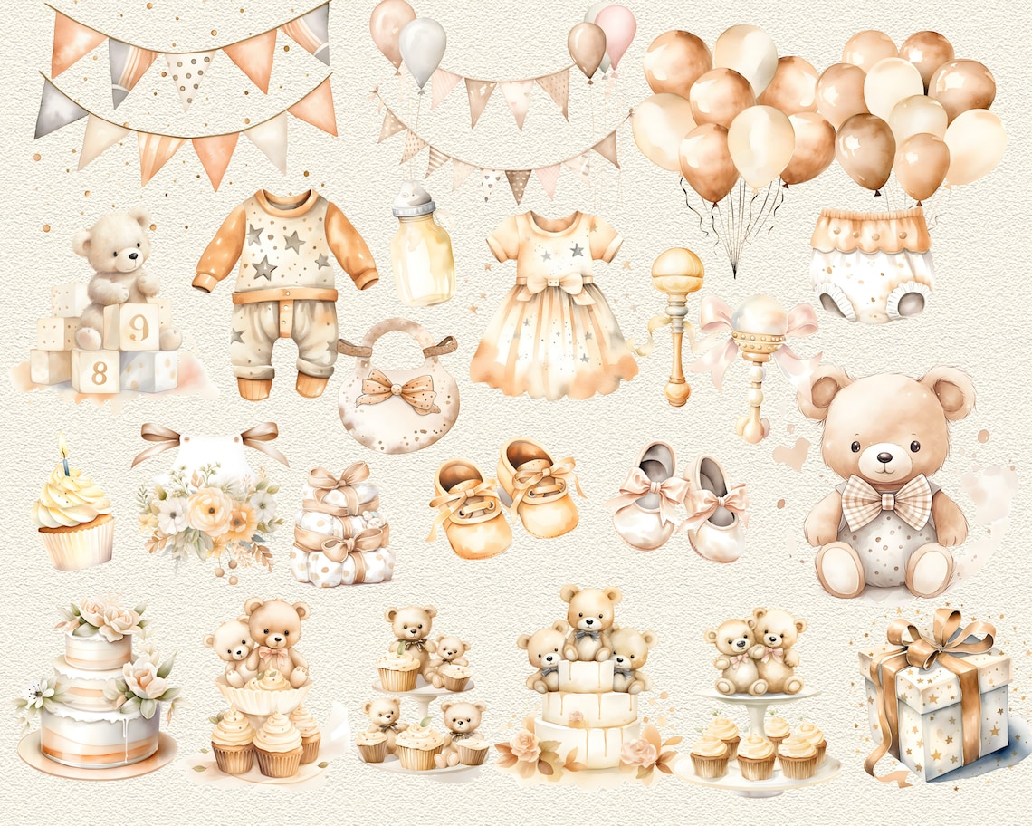 Watercolor Teddy Bear Clipart, Boho Neutral, Watercolor Baby Shower ...