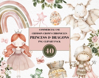 Floral Princess & Dragon Clipart, Knight, Castle, Unicorn, Fairytale ...