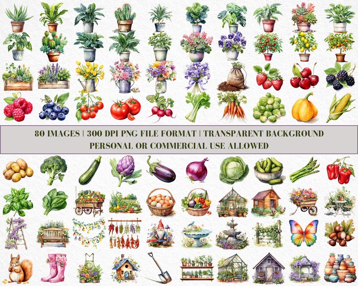 Watercolor Gardening Clipart, Vegetables Clipart, Fruit Clipart, Potted ...