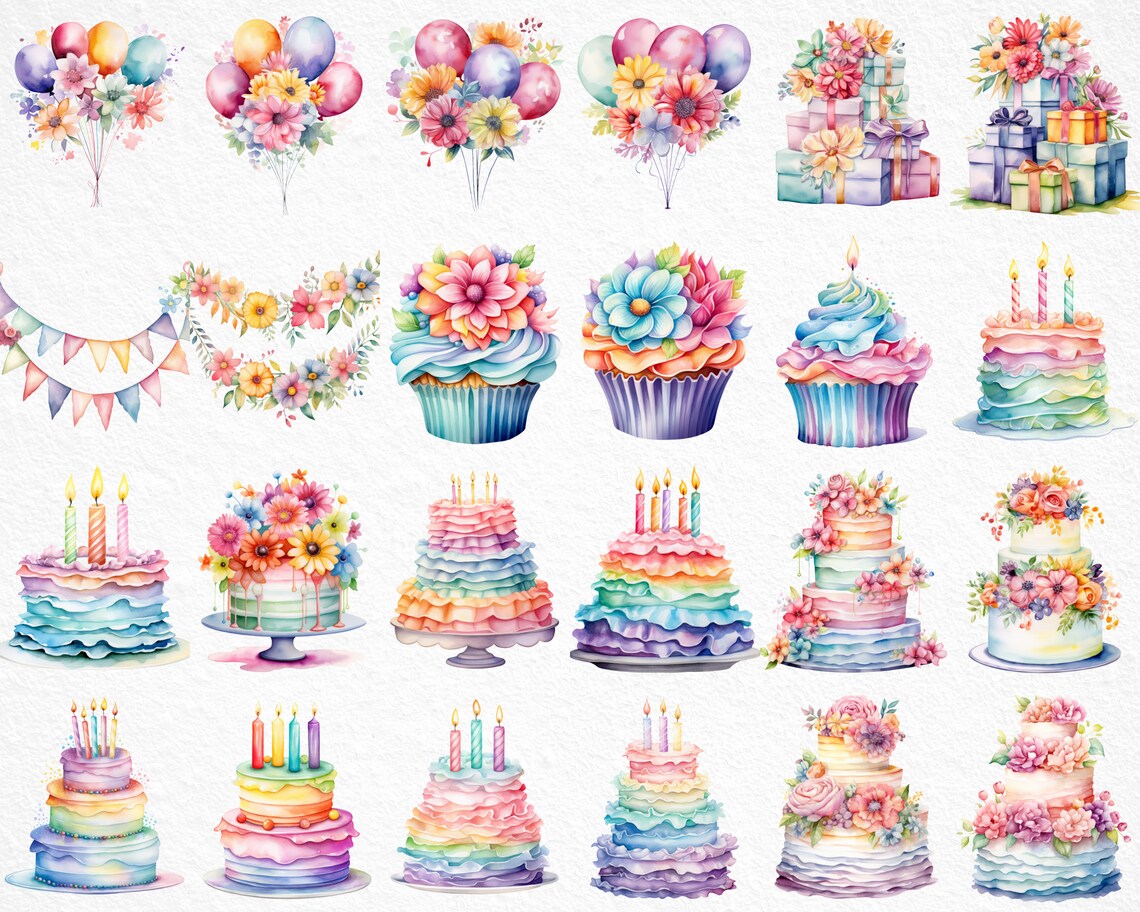 Watercolor Pastel Rainbow Birthday Clipart, Watercolor Birthday Clipart ...