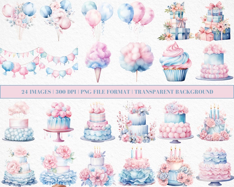 Watercolor Cotton Candy Birthday Clipart, Watercolor Birthday Clipart ...