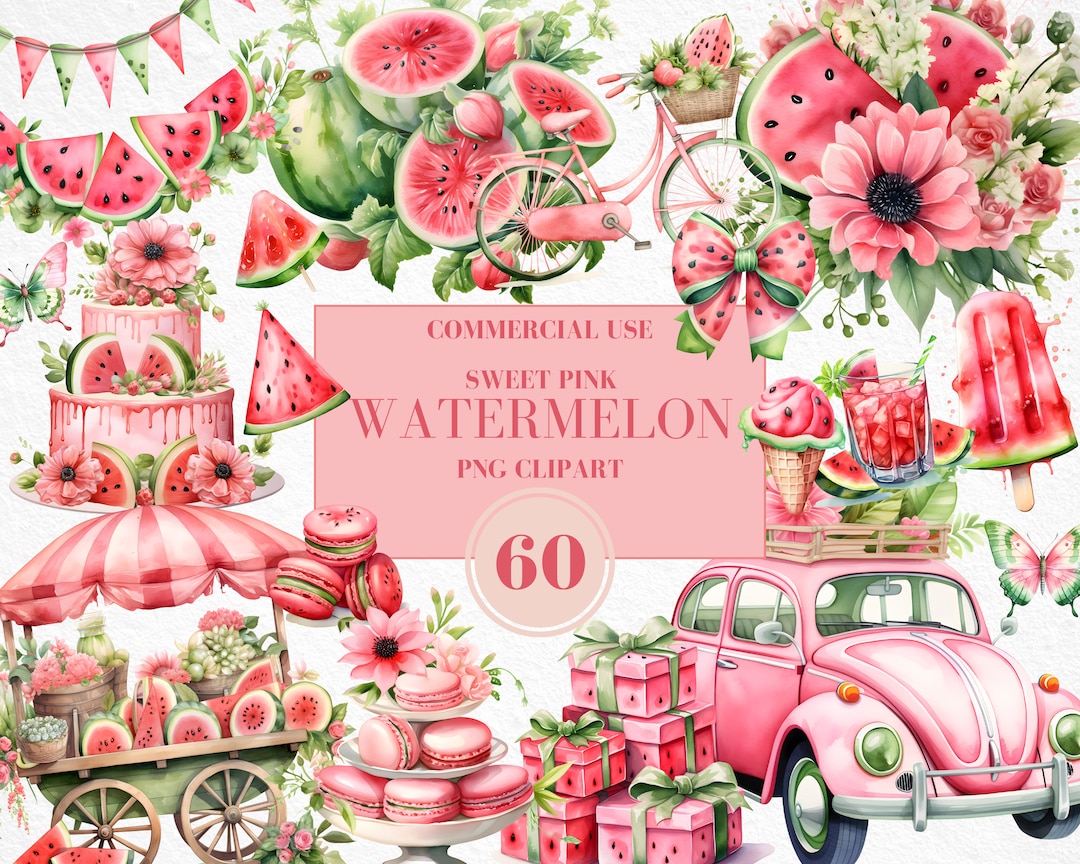 Watercolor Pink Watermelon Clipart, Pink Watermelon Birthday, Pink ...