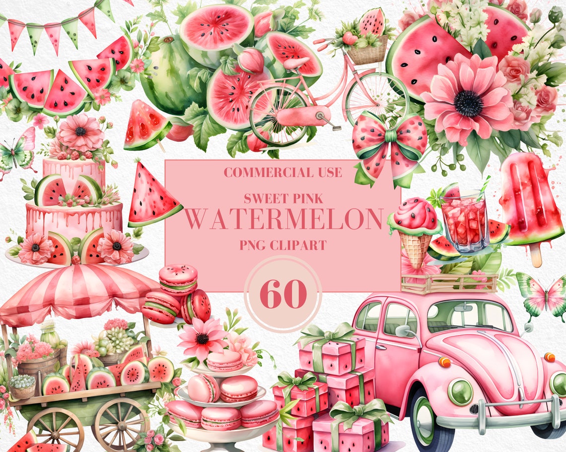 Watercolor Pink Watermelon Clipart, Pink Watermelon Birthday, Pink ...