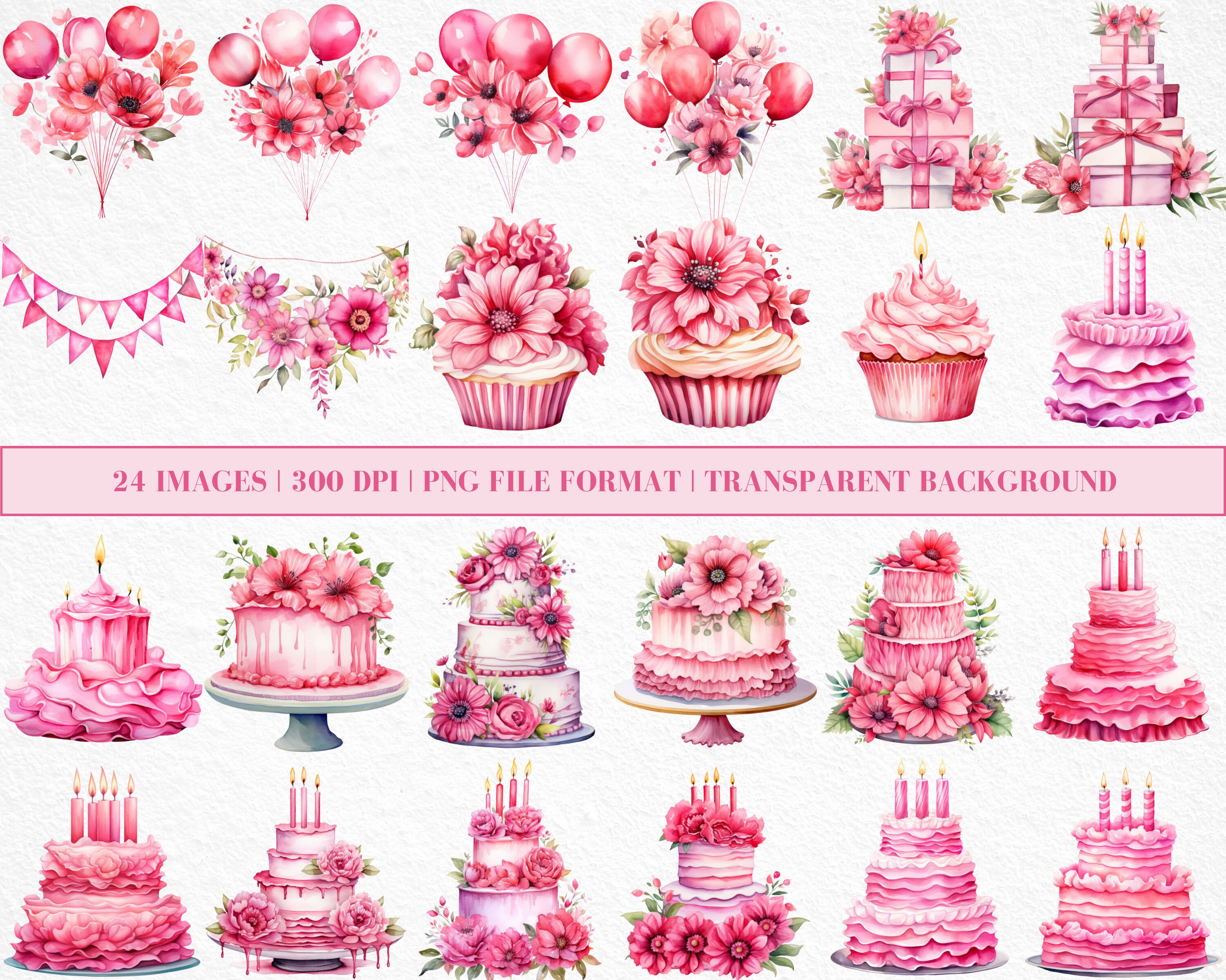 Watercolor Hot Pink Birthday Clipart, Watercolor Birthday Clipart, Boho ...