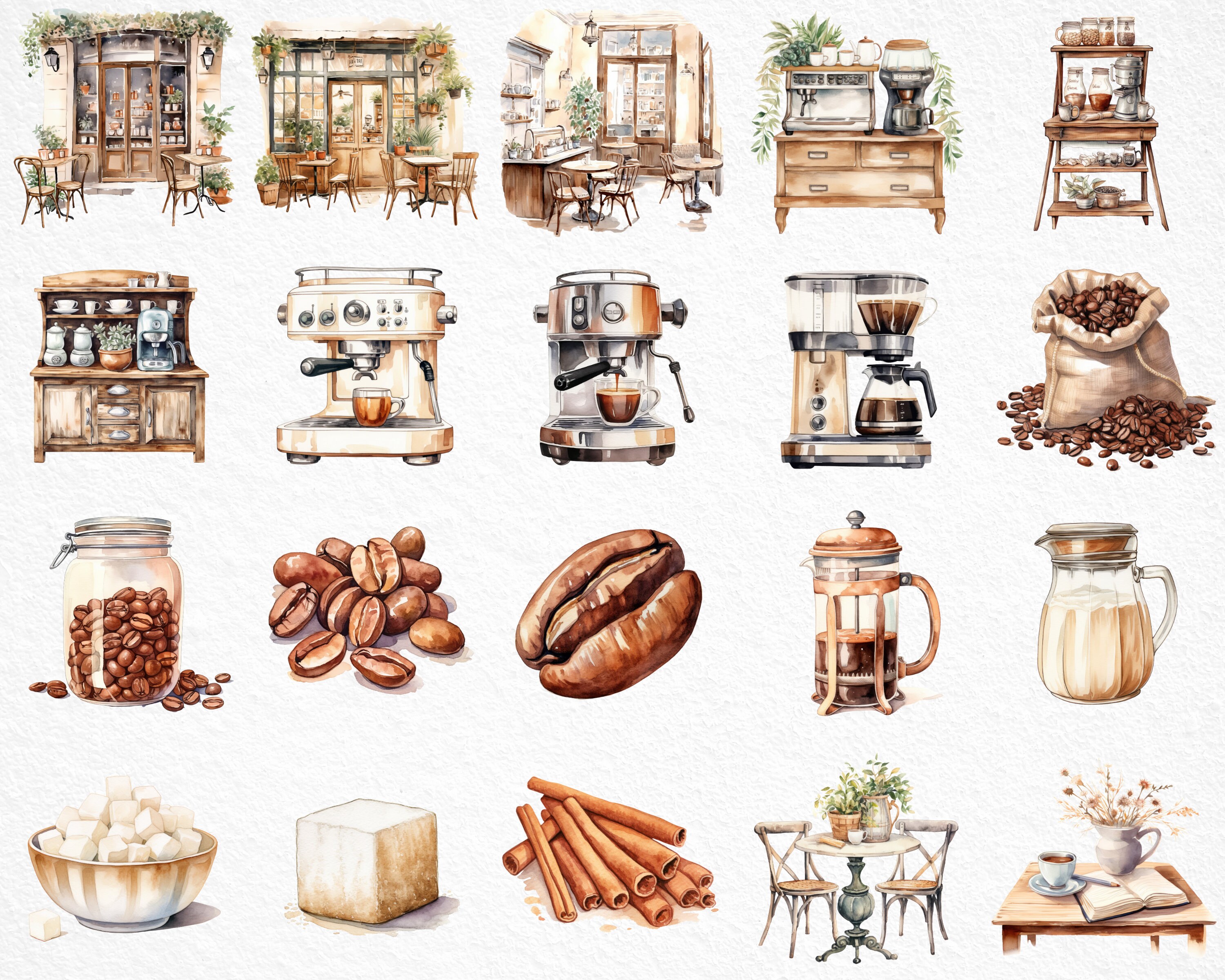 Watercolor Coffee Cafe & Desserts Clipart, Espresso, Mocha, Coffee Cart ...