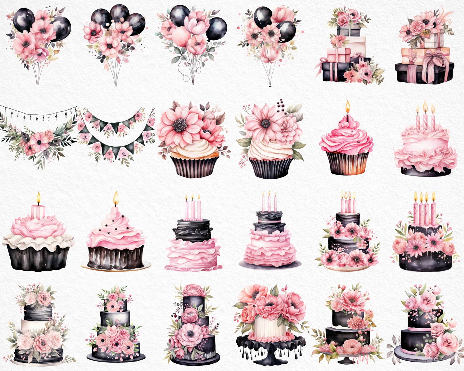 Watercolor Black & Pink Birthday Clipart, Watercolor Birthday Clipart ...