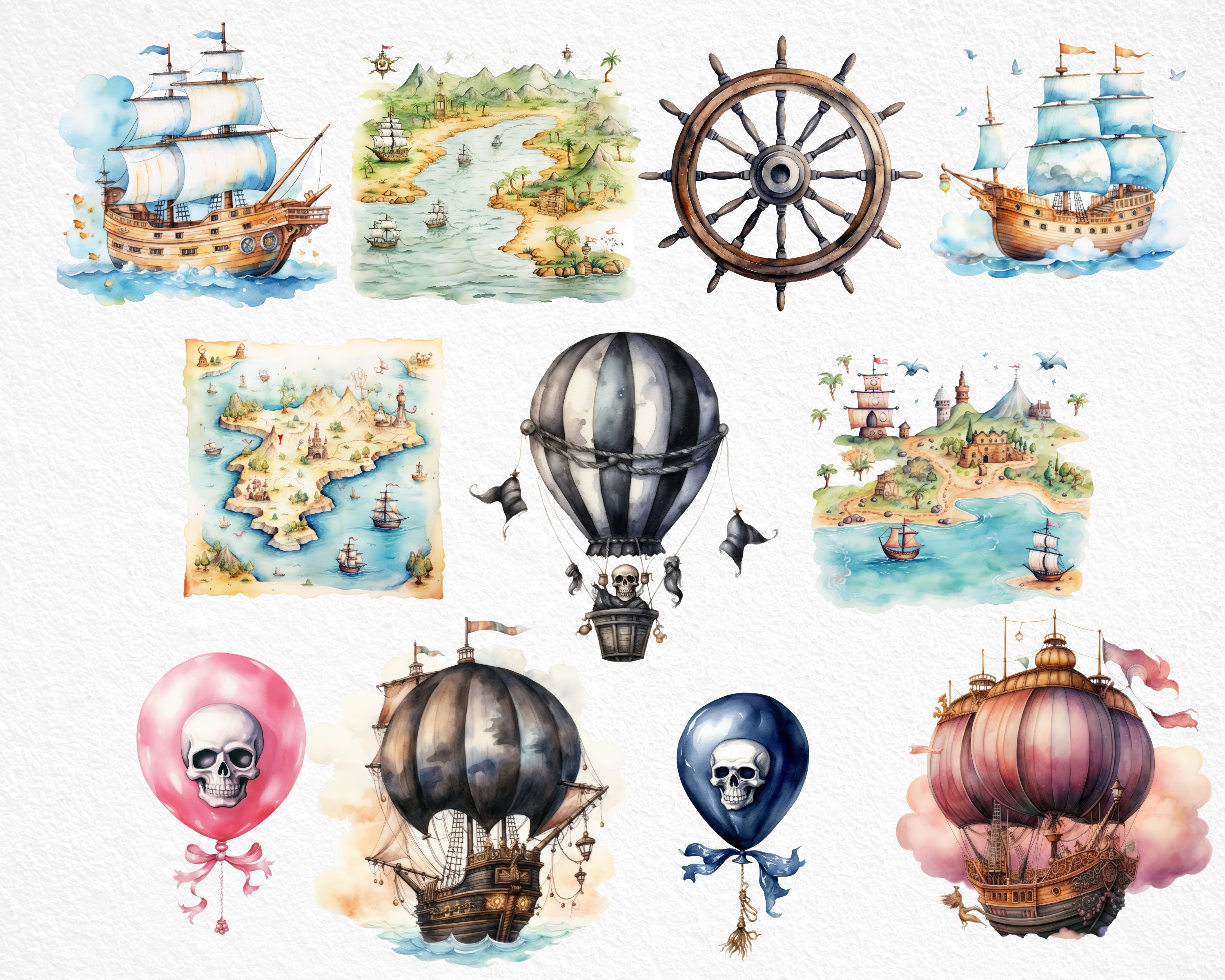 Watercolor Pirates Clipart, Watercolor Pirate Birthday Party Clipart ...