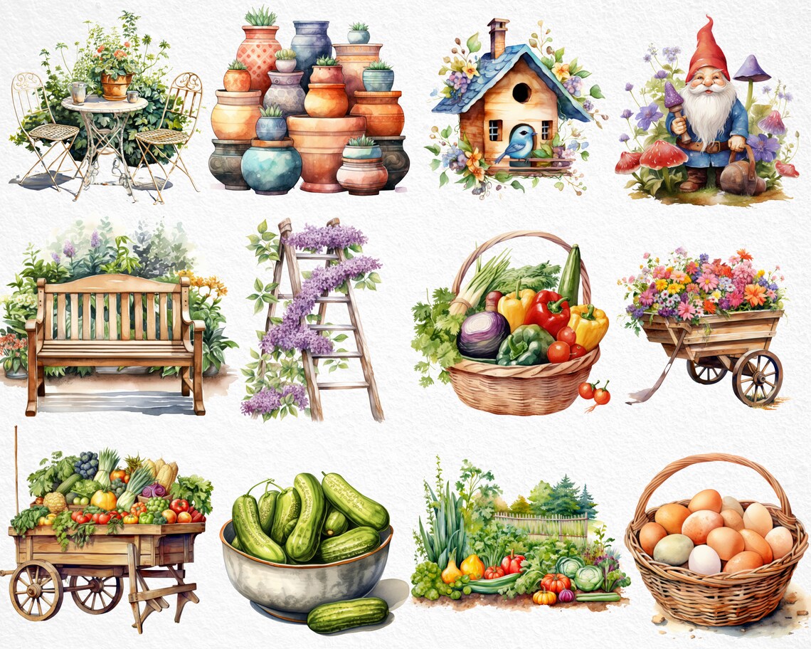 Watercolor Gardening Clipart, Vegetables Clipart, Fruit Clipart, Potted ...
