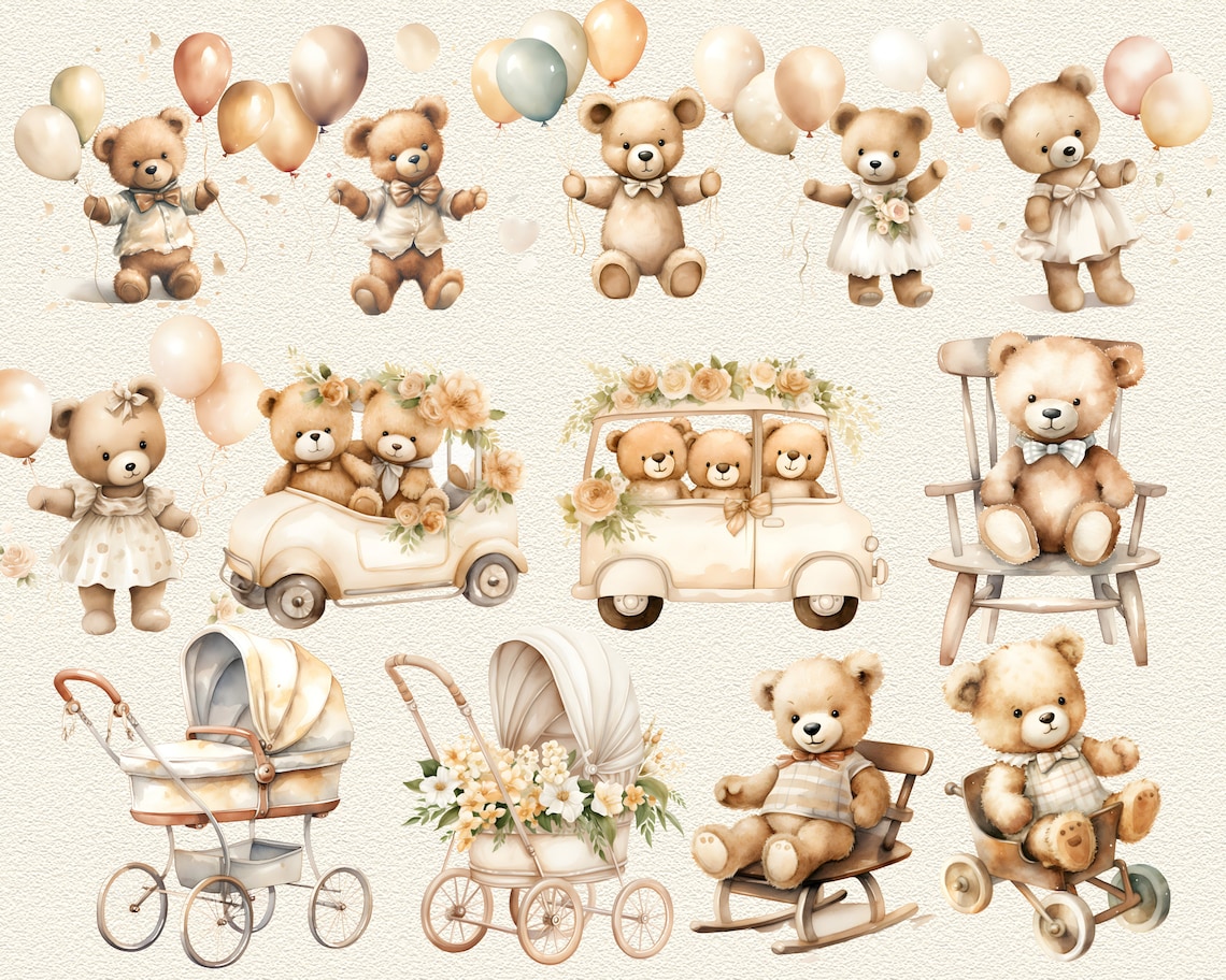 Watercolor Teddy Bear Clipart, Boho Neutral, Watercolor Baby Shower ...