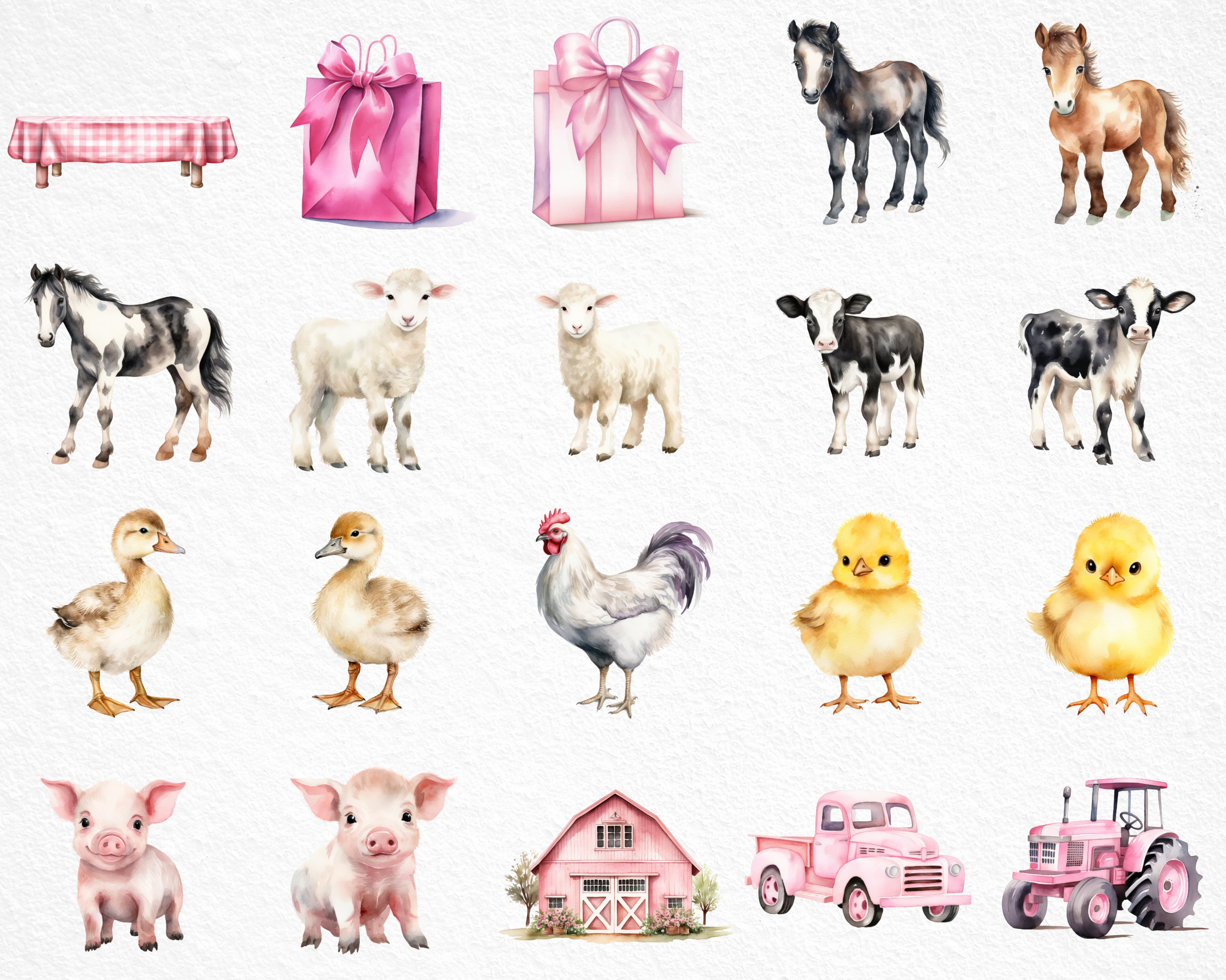 Watercolor Pink Barnyard Farm Birthday, Cute Farm Clipart, Pink Barn ...