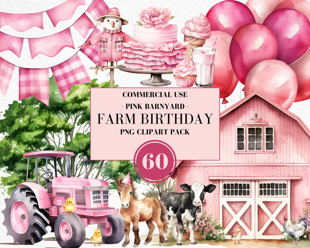 Watercolor Pink Barnyard Farm Birthday, Cute Farm Clipart, Pink Barn ...
