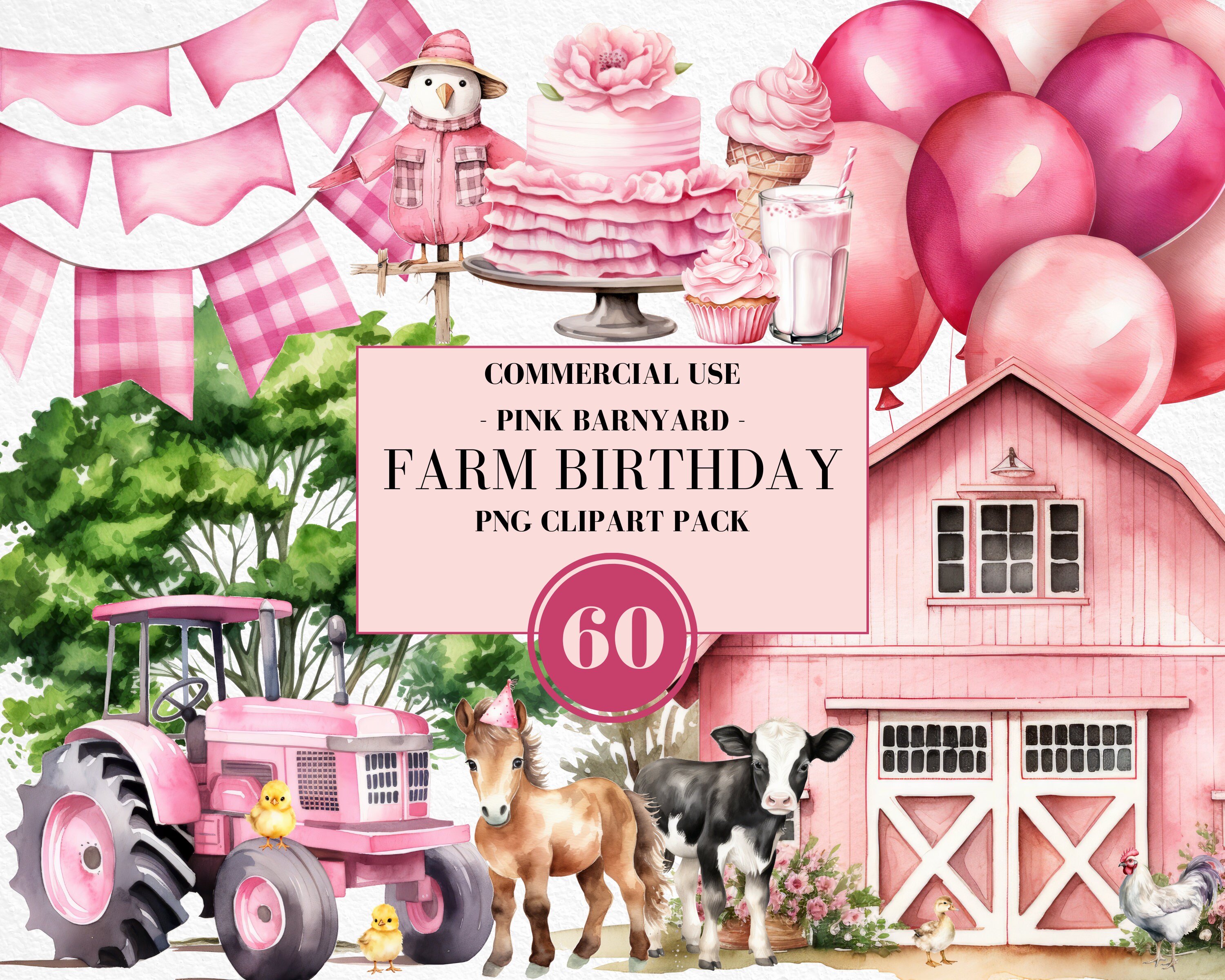 Watercolor Pink Barnyard Farm Birthday, Cute Farm Clipart, Pink Barn ...
