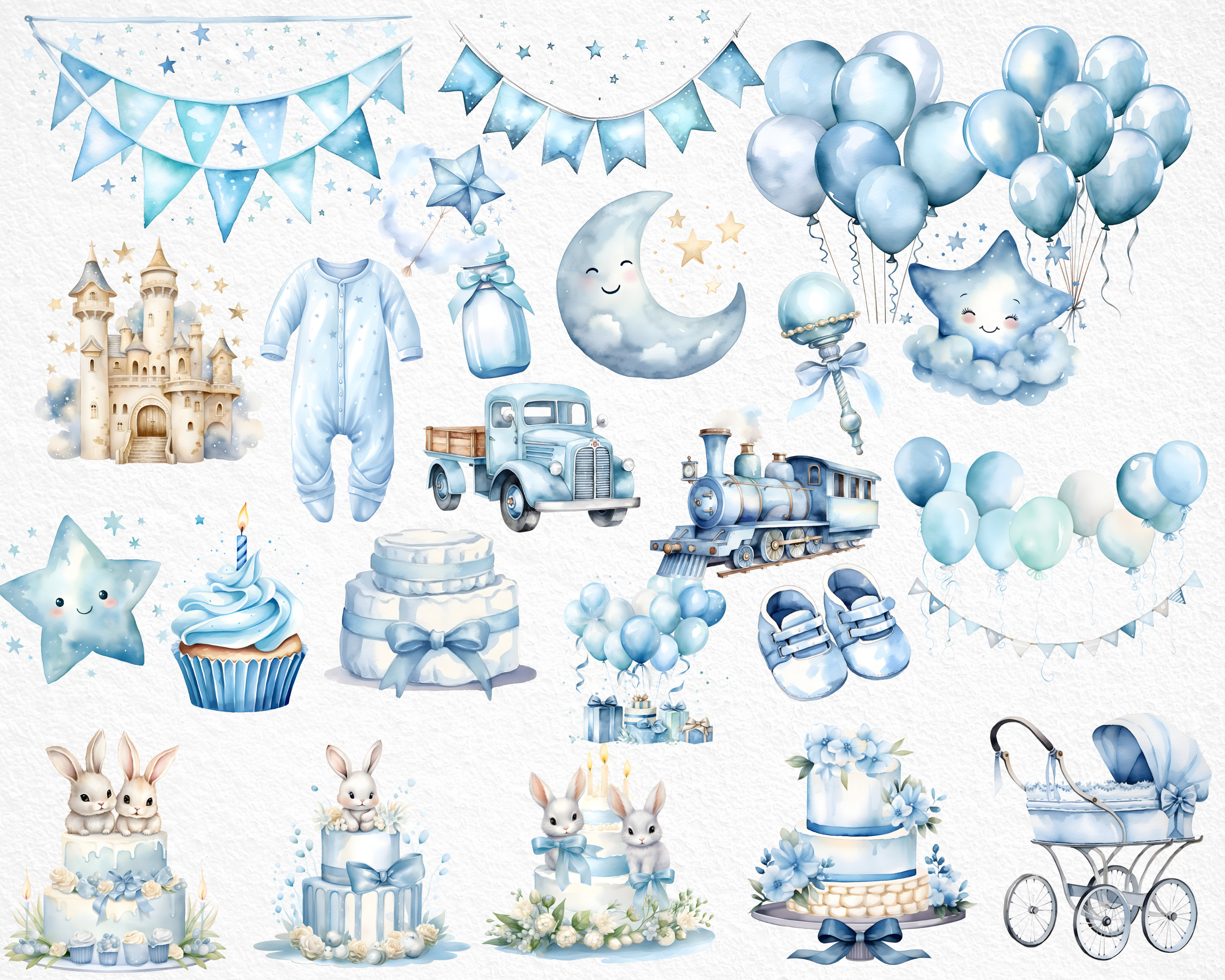 Watercolor Bunny Clipart for Boy, Watercolor Baby Shower Clipart, Baby ...