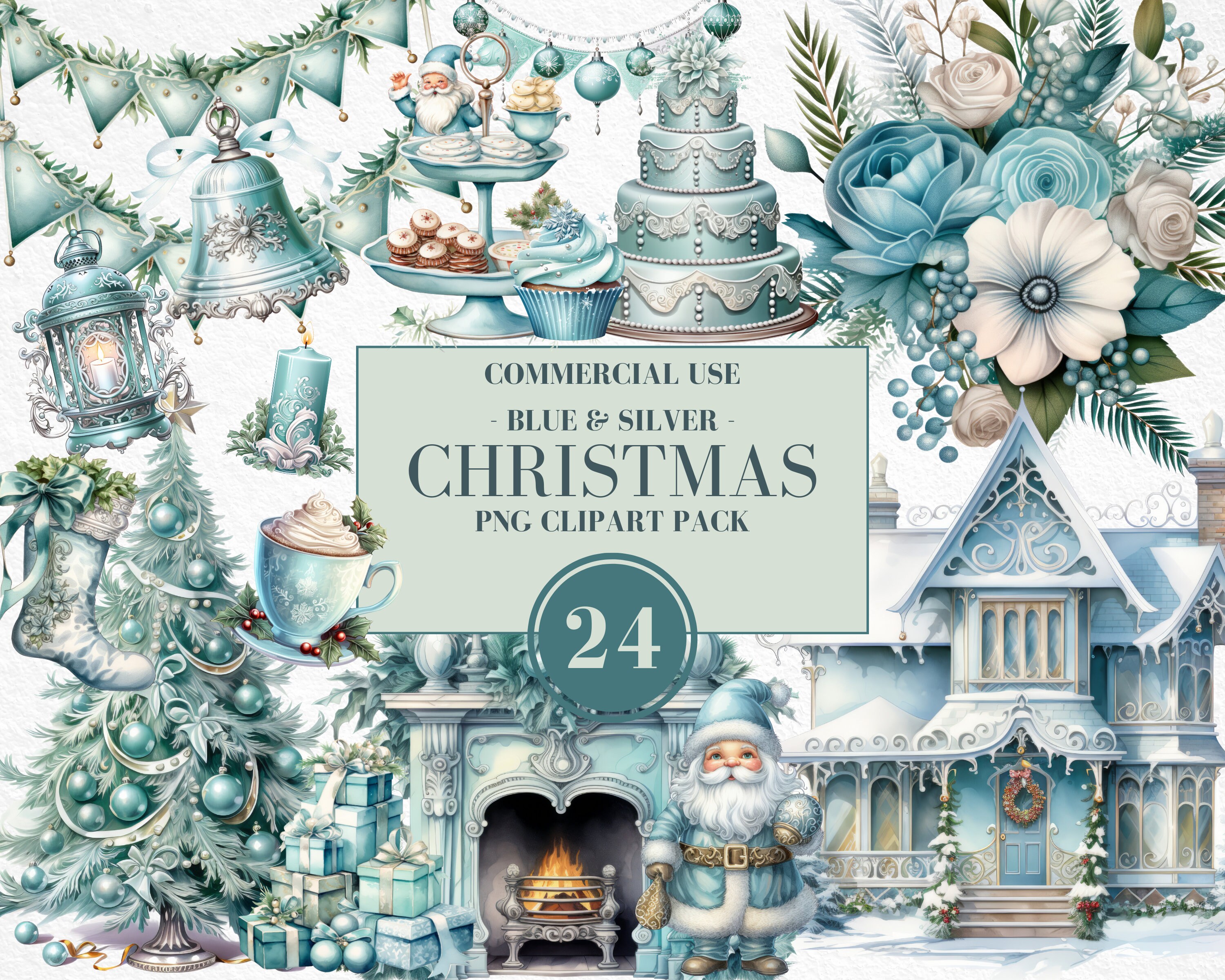 Watercolor Christmas Clipart, Blue & Silver Christmas, Vintage ...