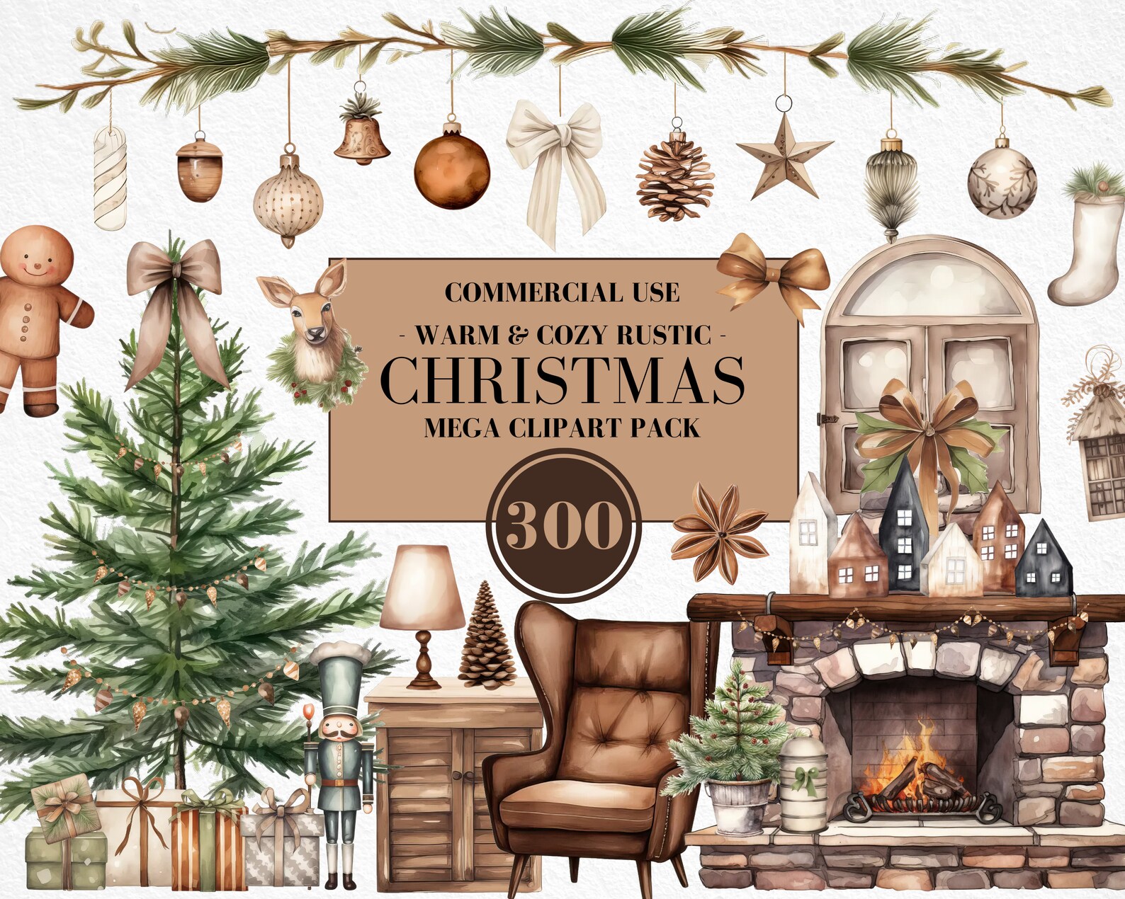 Cozy Christmas Clipart, Rustic Christmas, Boho Christmas, Ornament ...