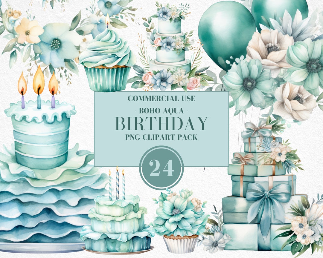 Watercolor Boho Aqua Birthday Clipart, Watercolor Birthday Clipart ...