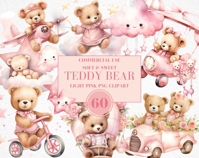 Clipart de oso de peluche de acuarela para niña, clipart de baby shower de acuarela, clipart de ...