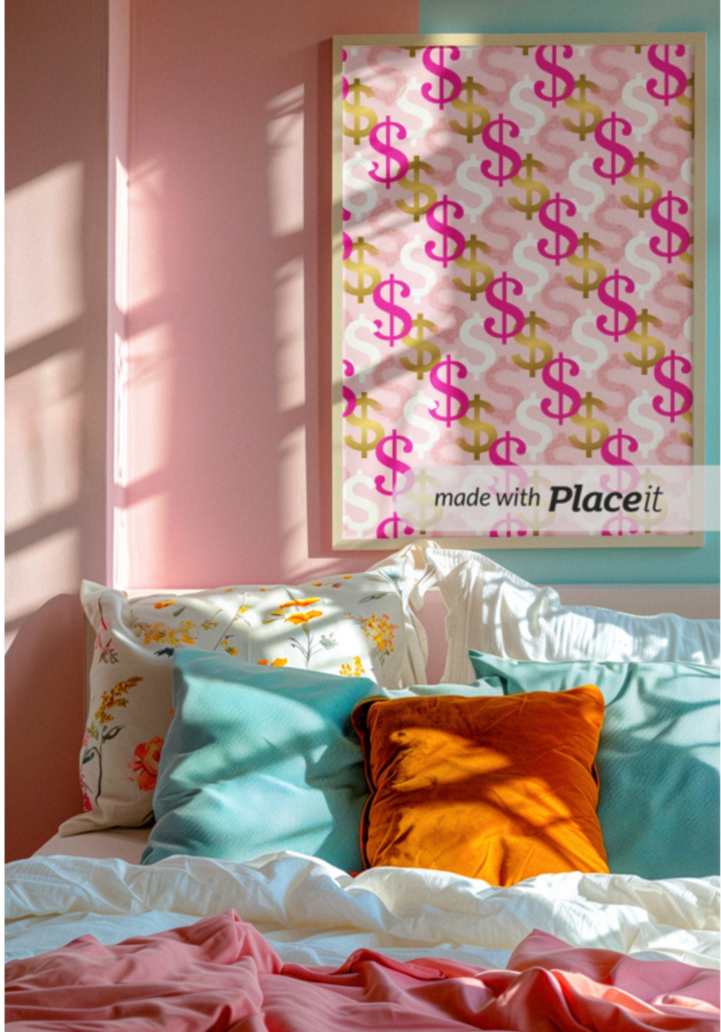 Preppy Pink White Gold Dollar Sign Wall Art | Trendy Prints | College ...